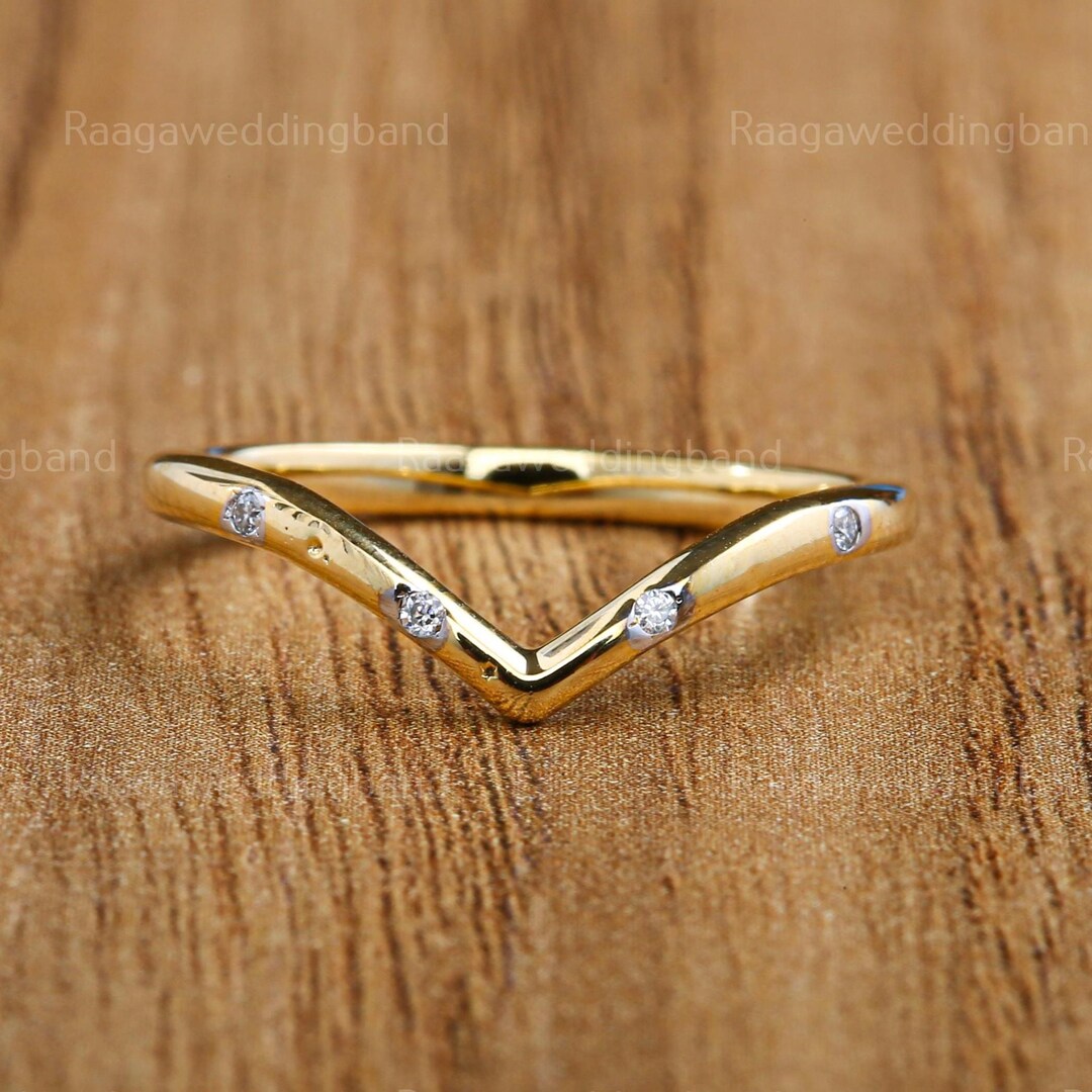 14K Solid Gold Curved Cluster Wedding Band Contour Flush Set Promise ...