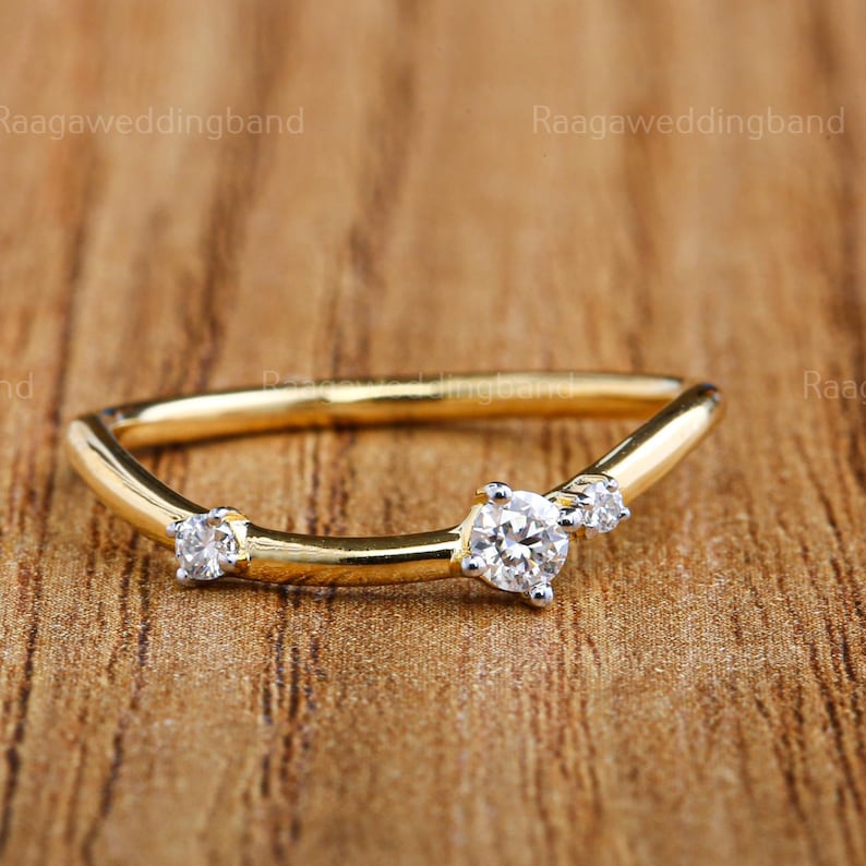 14k Gold Curved Lab Grown Diamond Wedding Band, Stacking Ring for Her ...