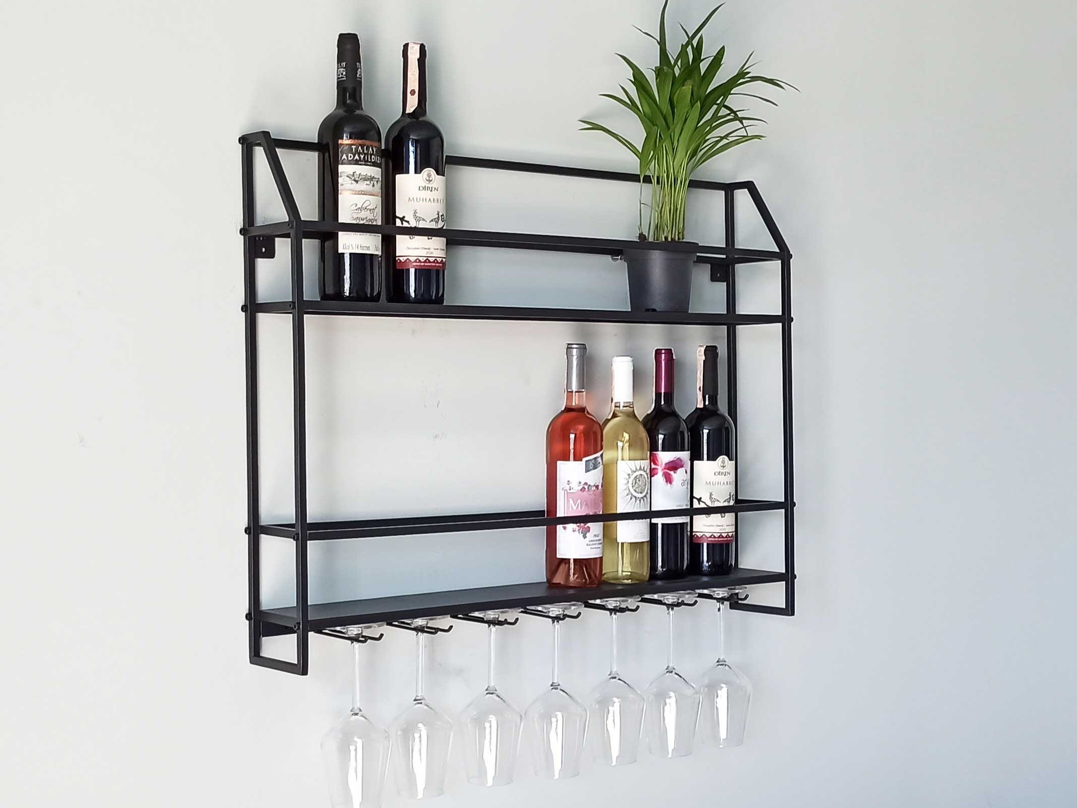 Wine Rack Modern Metal Wall Mounted Holds 20 Bottles and 7 Glasses ...