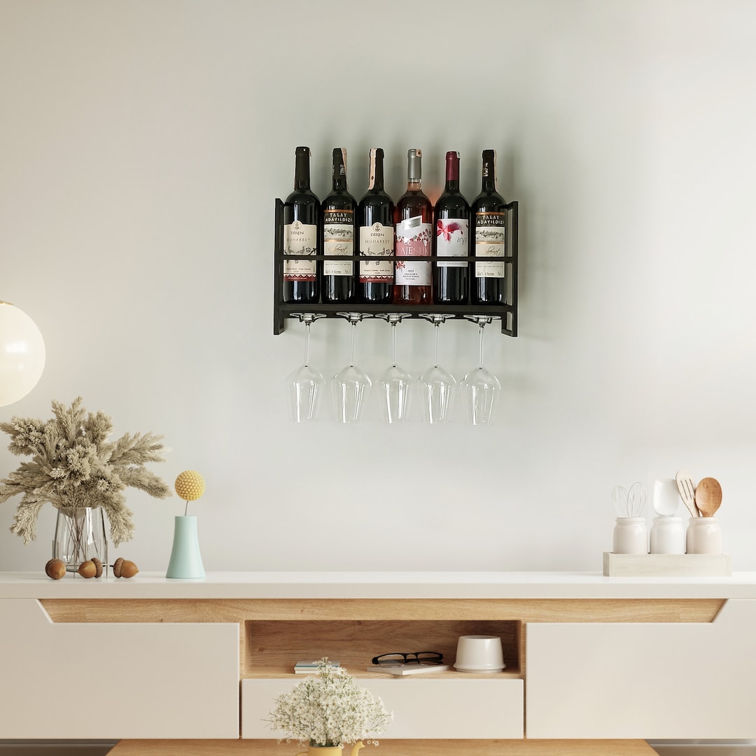 Modern Metal Wall Mounted Wine Rack - Holds 5 Bottles and 5 Glasses ...