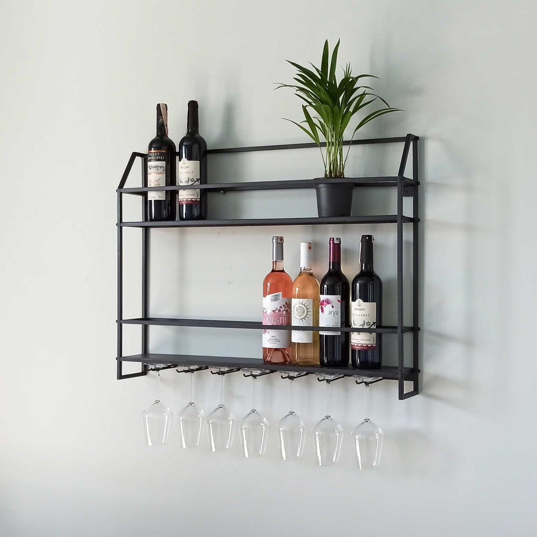 Wine Rack Modern Metal Wall Mounted Holds 20 Bottles and 7 Glasses ...