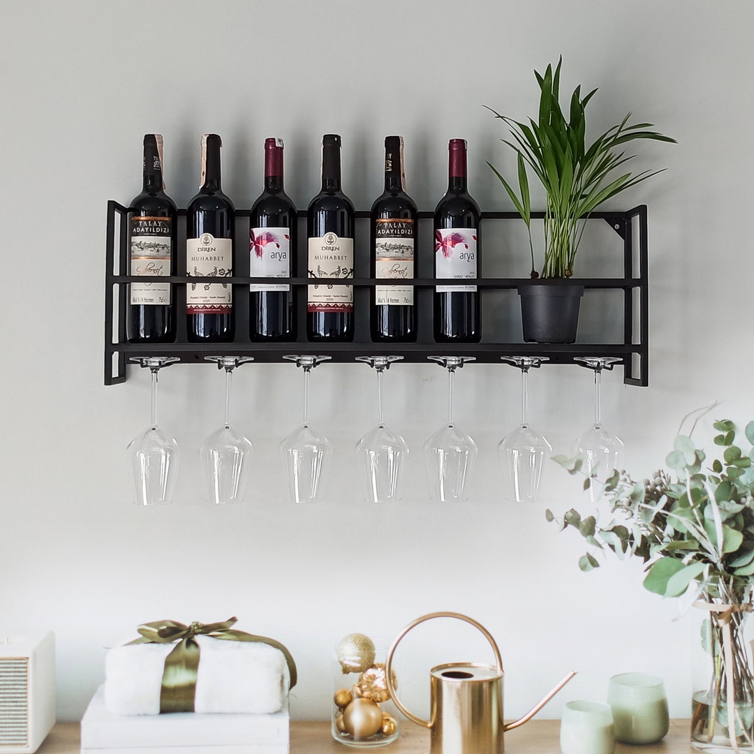 Modern Metal Wall Mounted Wine Rack Holds 7 Bottles and 7 Glasses ...