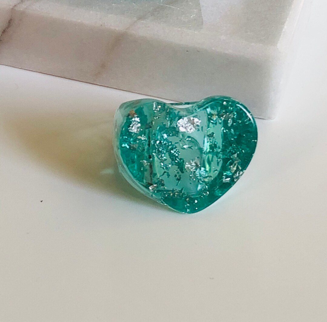 Silver Foil Confetti Lucite Ring, Lucite Heart Dome Ring, Mint Blue ...