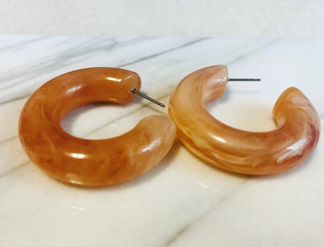 Lucite Hoops, Orange Calcite Stone Like Lucite Tube Hoop Earrings ...