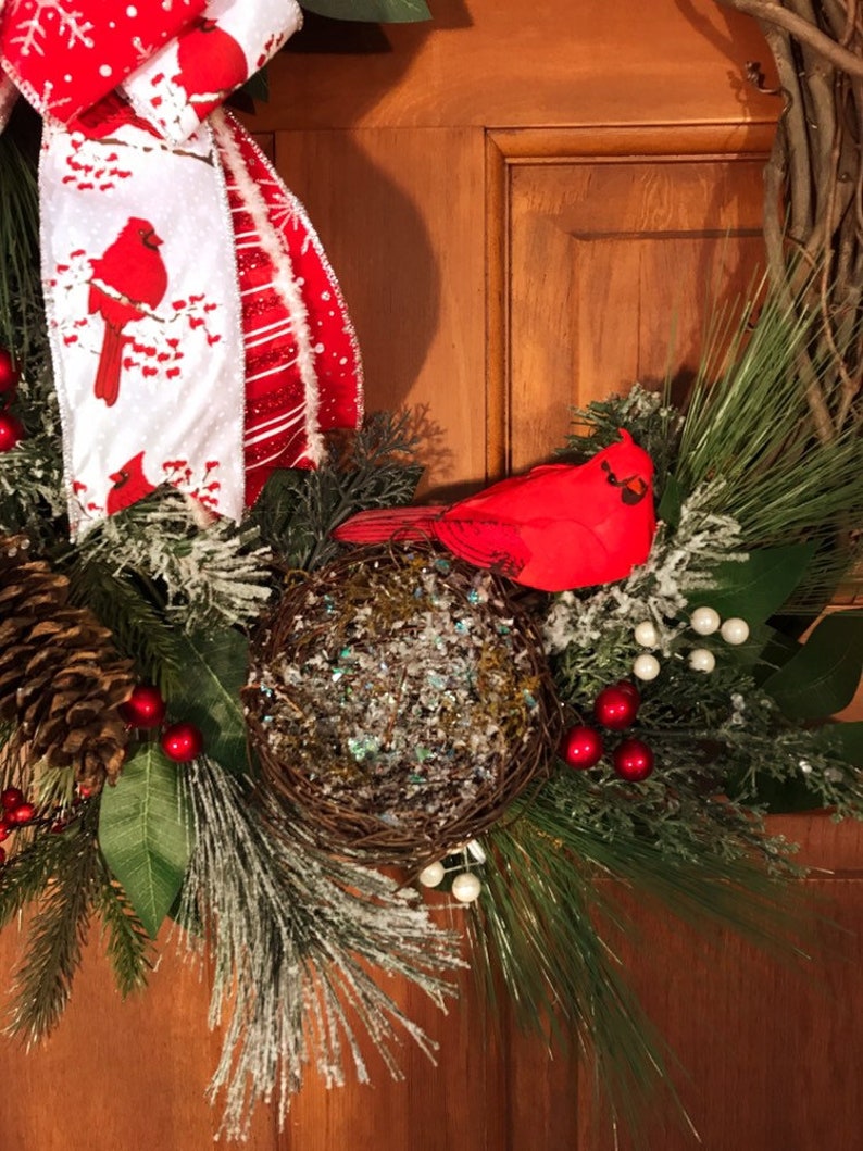 Winter Cardinal Wreath for Front Door With Evergreens and Pine Cones ...