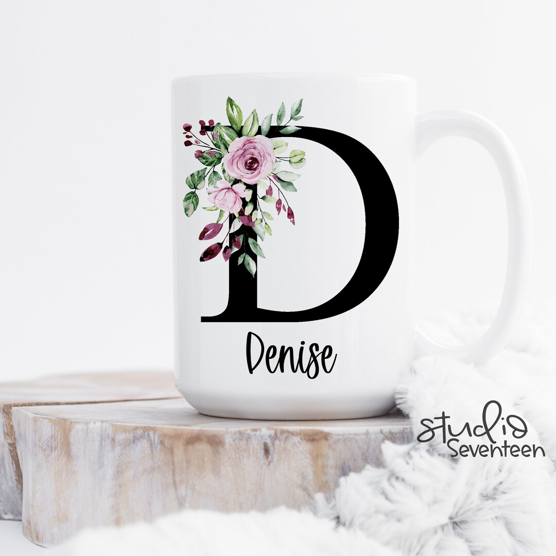 Personalized Initial Mug, Floral Letter Name Mug, Custom Watercolor ...