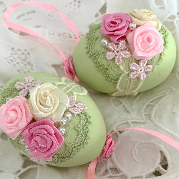 SET 2 Shabby Chic Easter Eggs Decorative Eggs Wooden Easter - Etsy