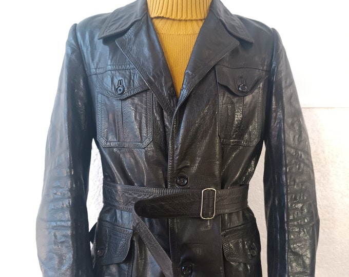 Safari Jacket, 70s Leather Jacket, Black Motorcycle Jacket, Vintage ...