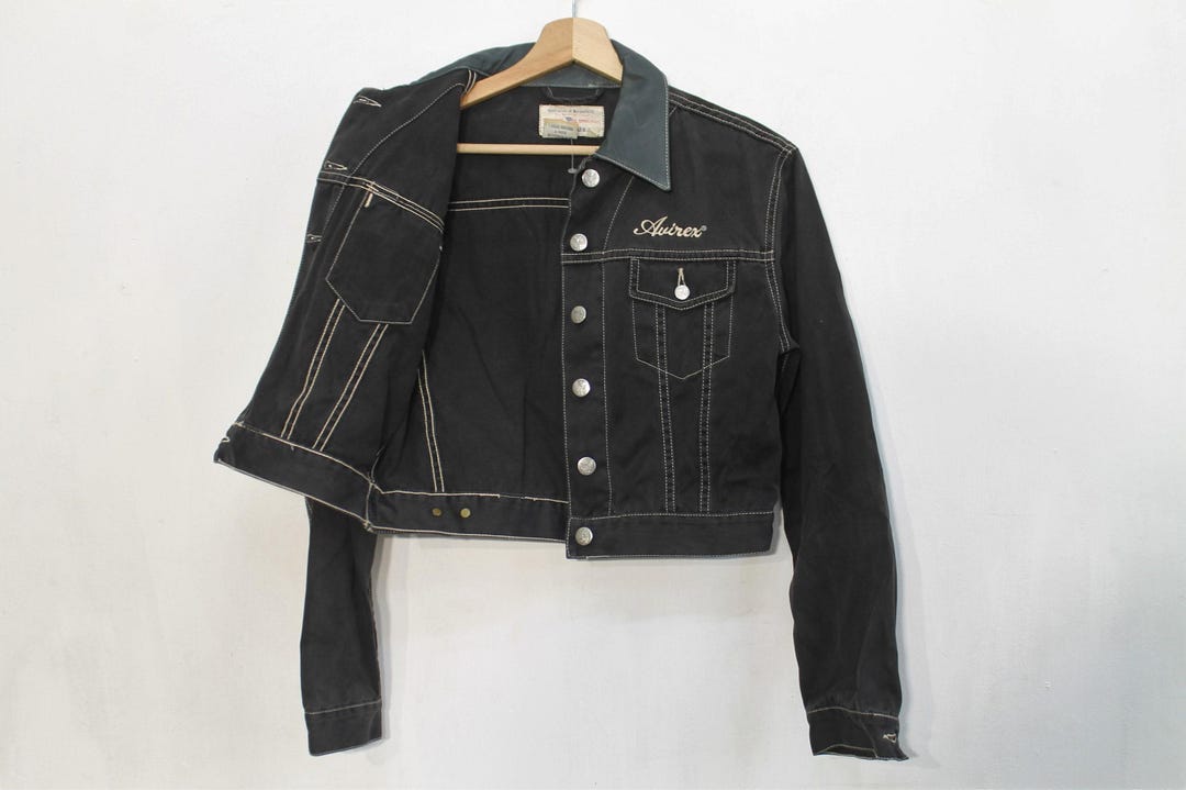 Black Denim Jacket Avirex: Vintage Cropped Trucker, Leather Collar ...