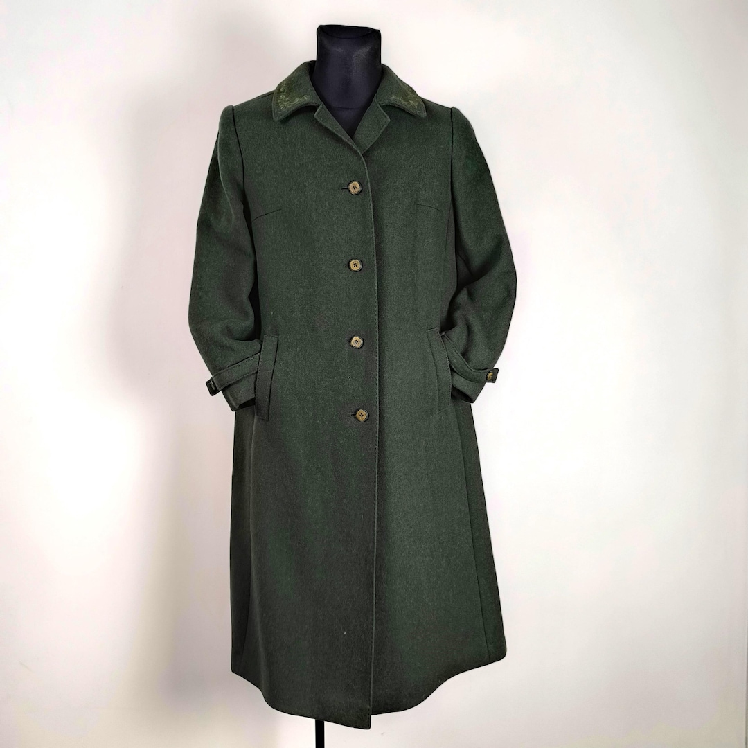 Embroidered Green Wool Winter Coat for Women Long Floral Neck Loden ...