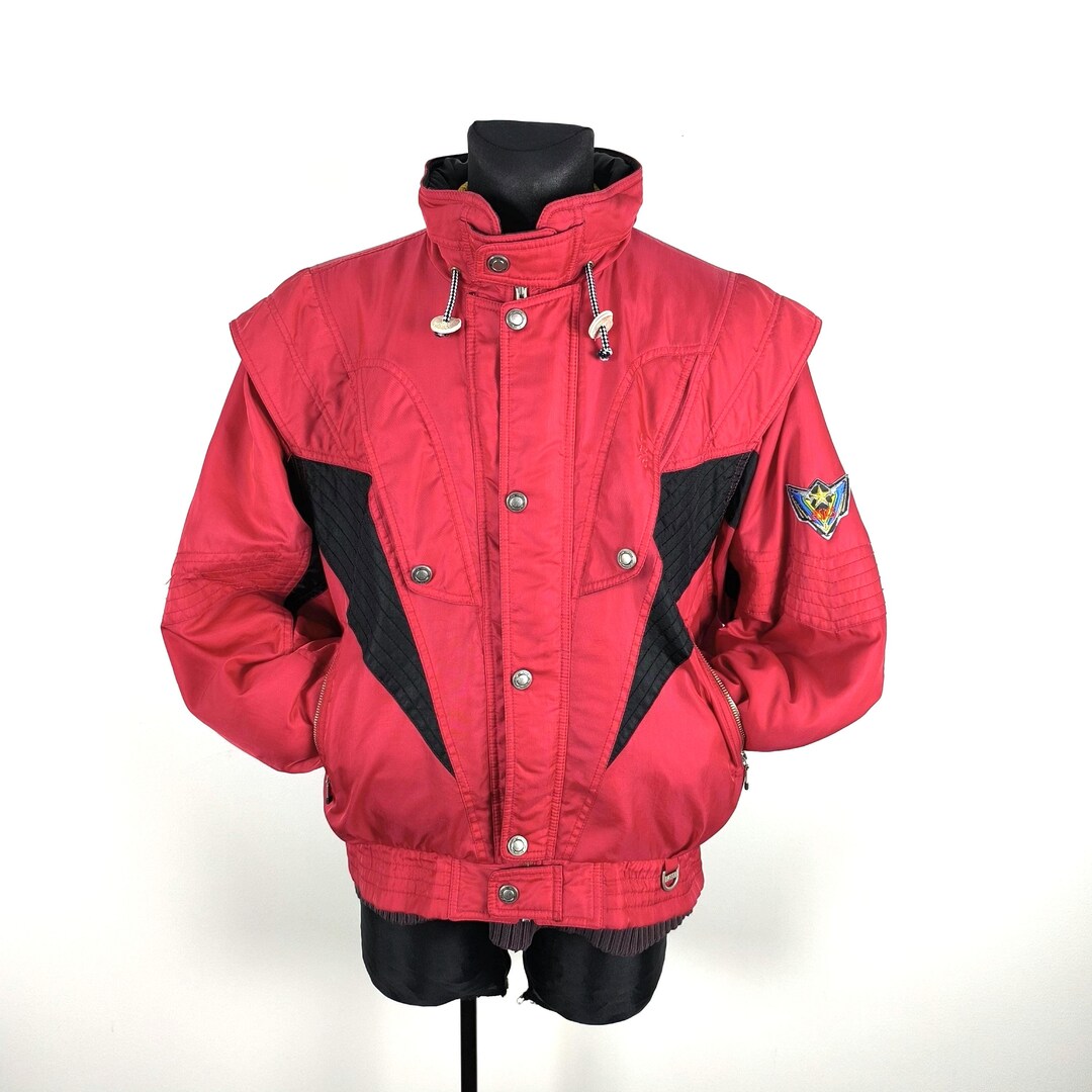 Vintage 80s Red Black Hooded Puffer Jacket for Snowboarding and Skiing ...