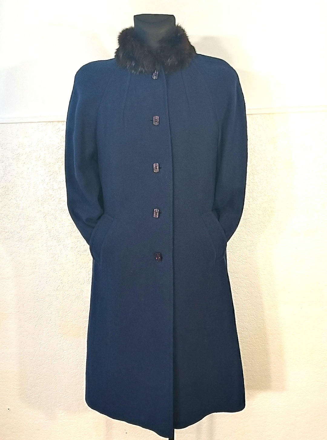 Coat Faux Fur Collar Women, Navy Wool Coat, Pleated Coat, Elegant ...
