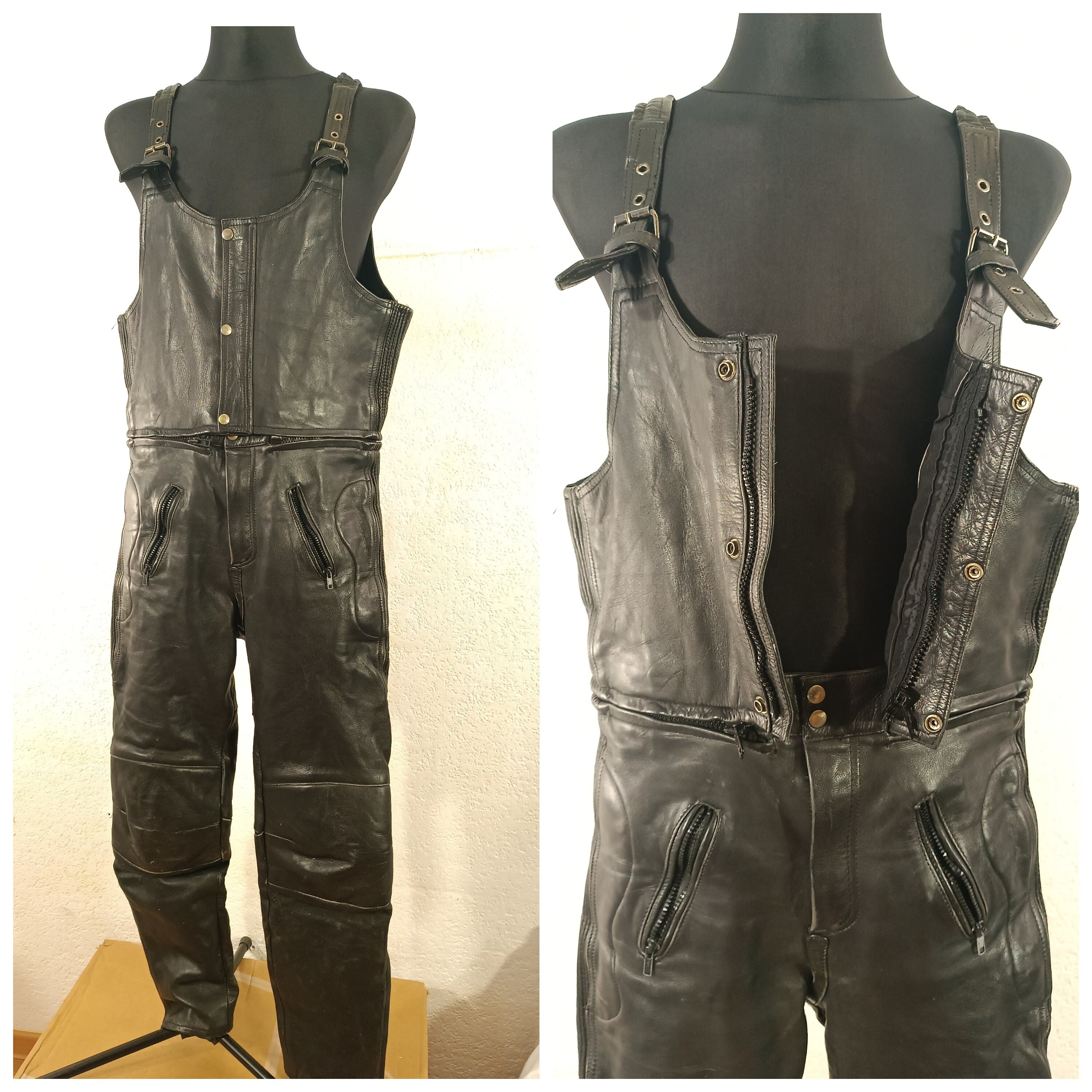 Vintage Leather Overalls Dungarees, Black Motorcycle Dungarees ...