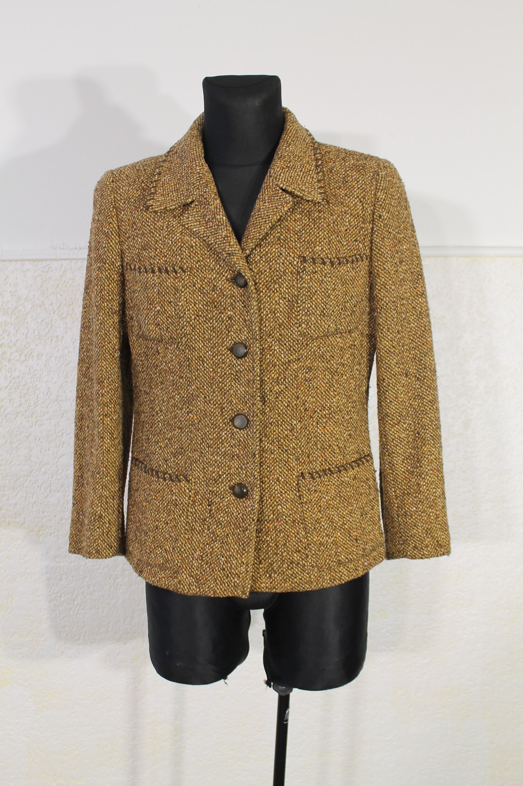 Tweed Jacket Women, Vintage Wool Blazer, Tan Brown Wool Jacket, Wool ...