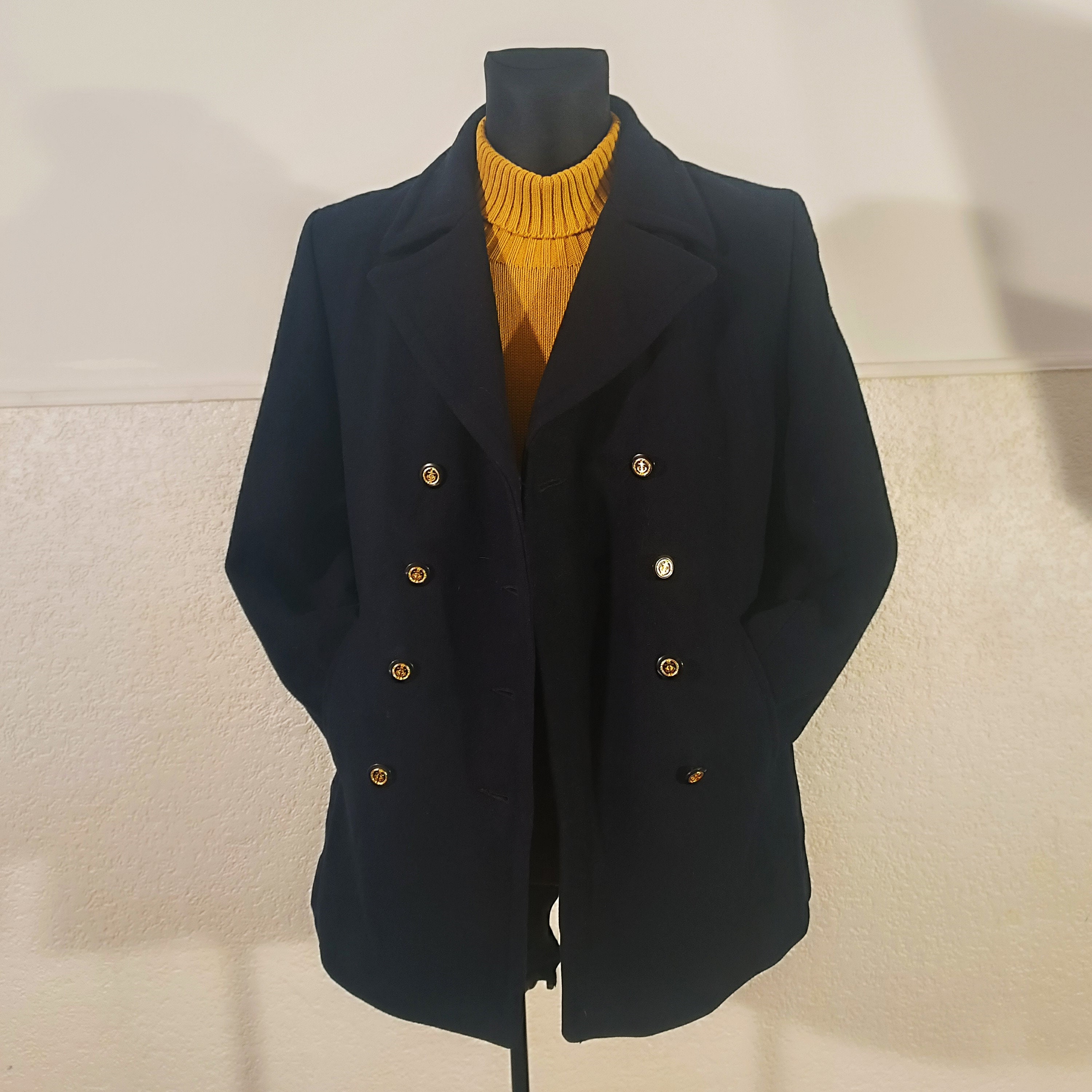 Navy Wool Coat, Double Breasted Coat, Navy Peacoat Women, Vintage ...