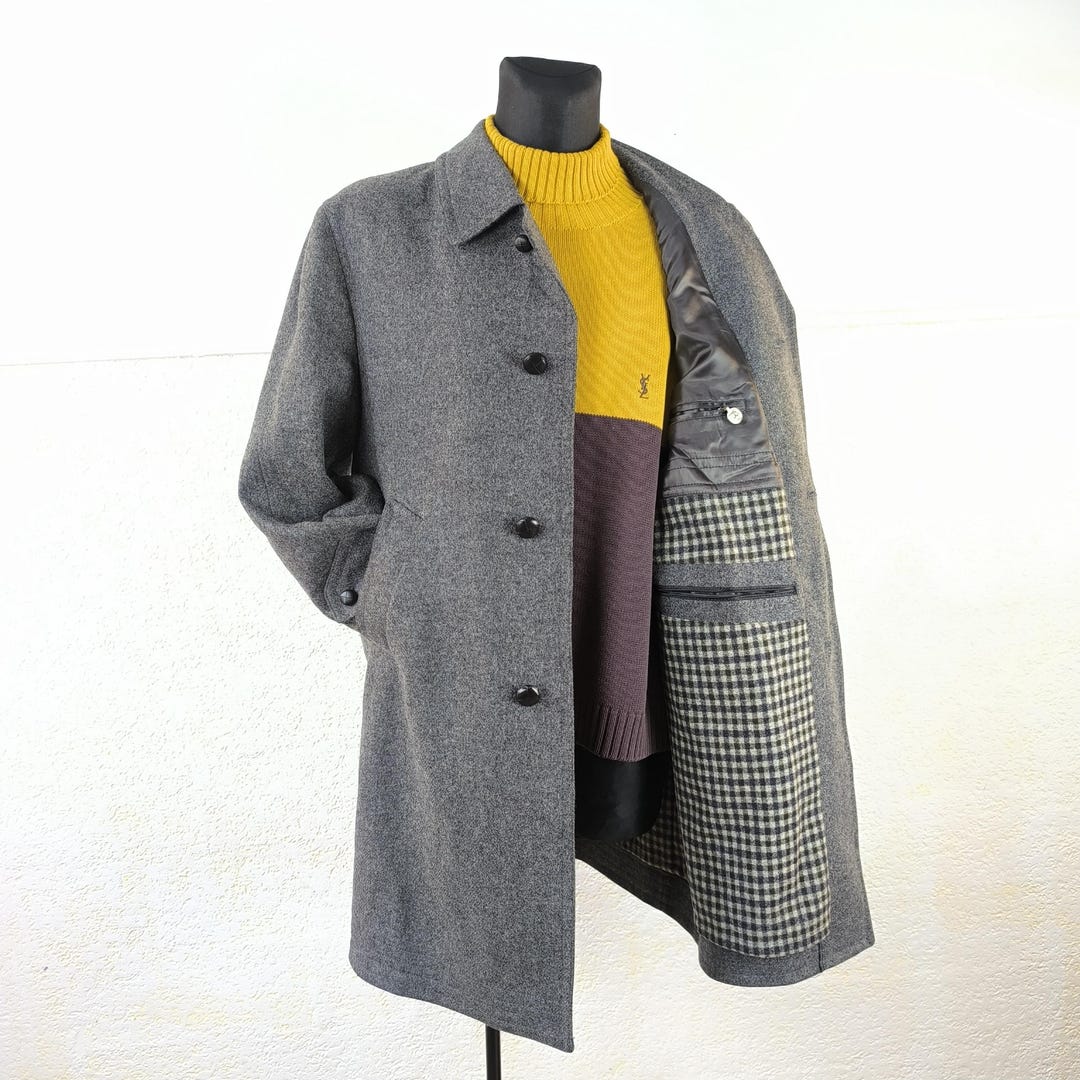 Pure Wool Coat, Vintage Gray Wool Coat, Check Coat, Wool Overcoat, Gift ...