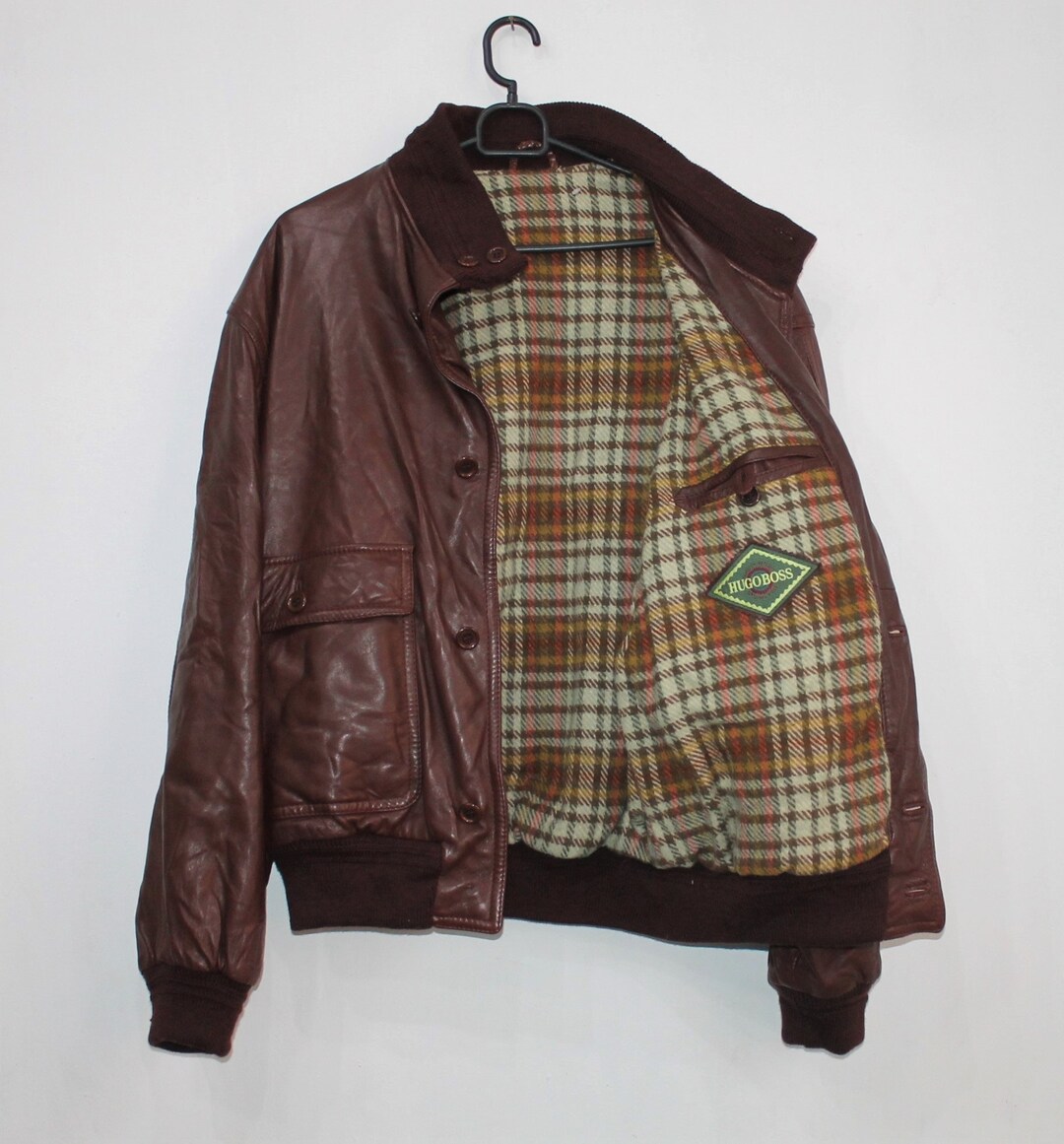 HUGO BOSS Jacket, Brown Bomber Leather Jacket Men, 80s Vintage Flight ...