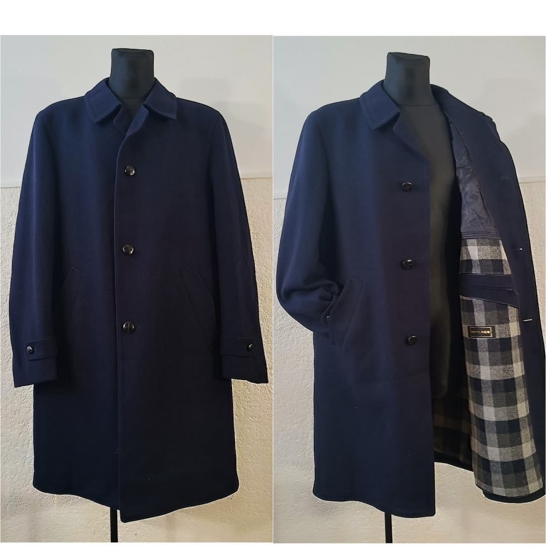 Navy Wool Coat Men, Vintage Wool Overcoat, Coat Plaid Liner, Navy Blue ...