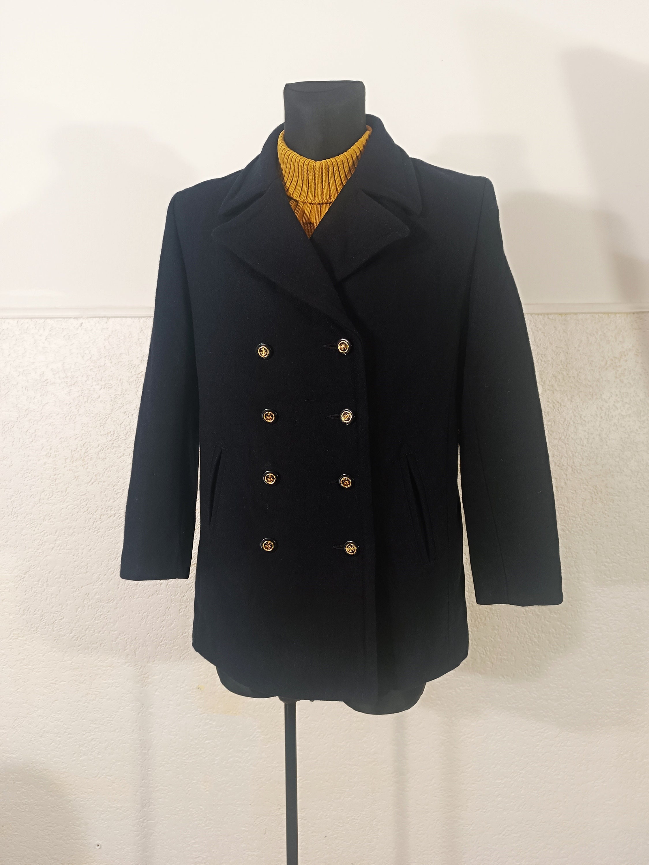 Navy Wool Coat, Double Breasted Coat, Navy Peacoat Women, Vintage ...