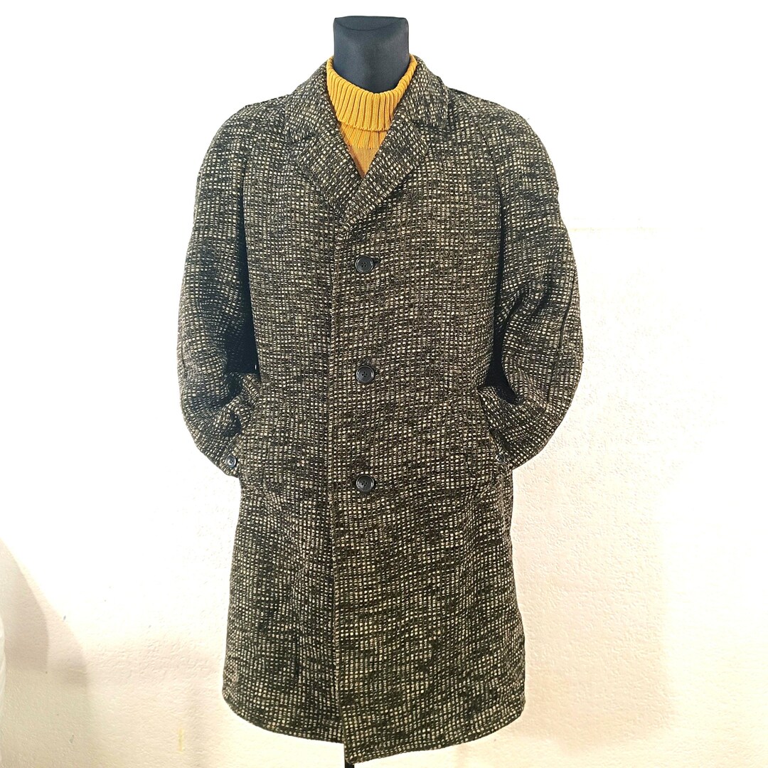 Men's 70s Wool Checkered Tweed Overcoat Large Black Winter Vintage ...