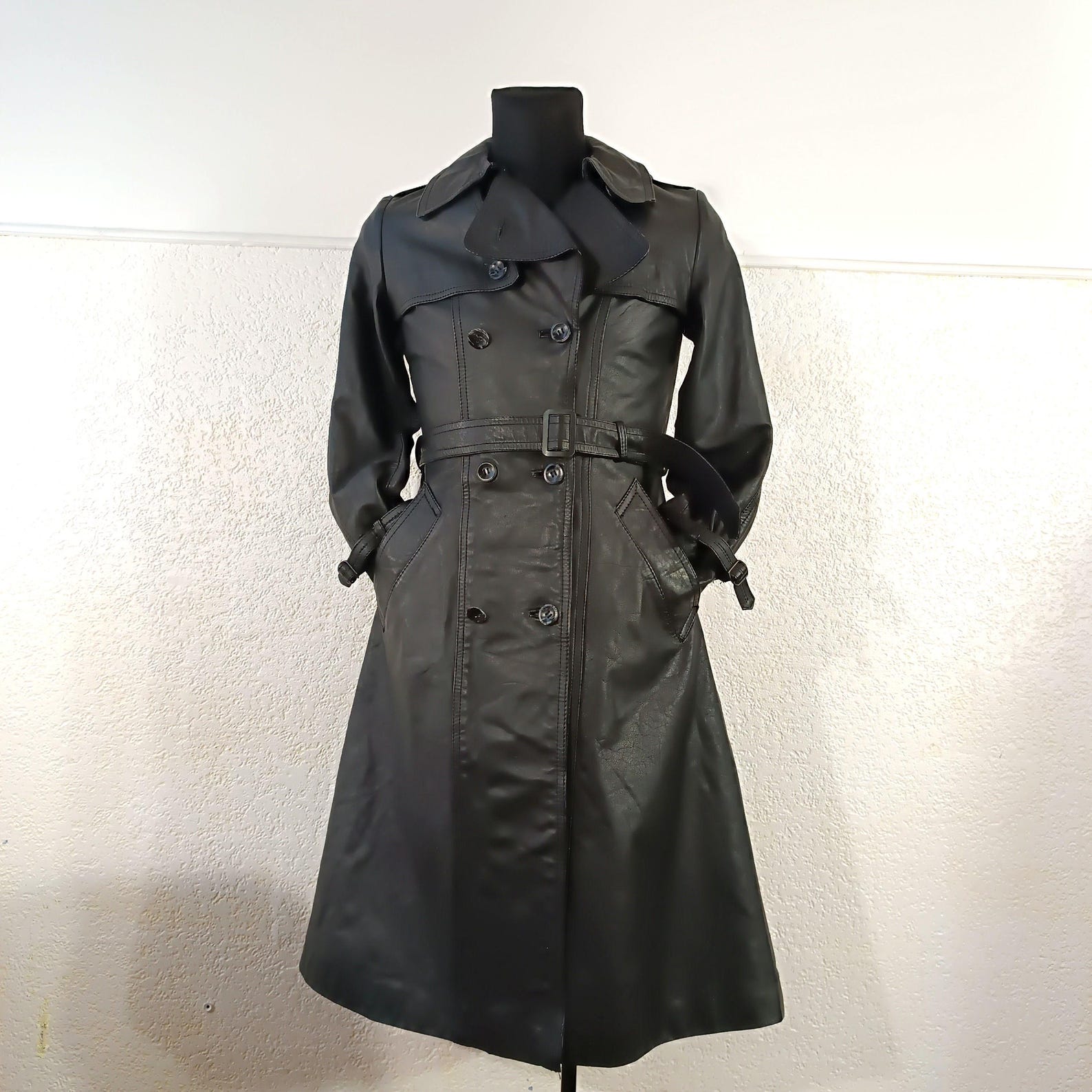 80s Vintage Gothic Trench Coat, Steampunk Coat,black Leather Coat ...