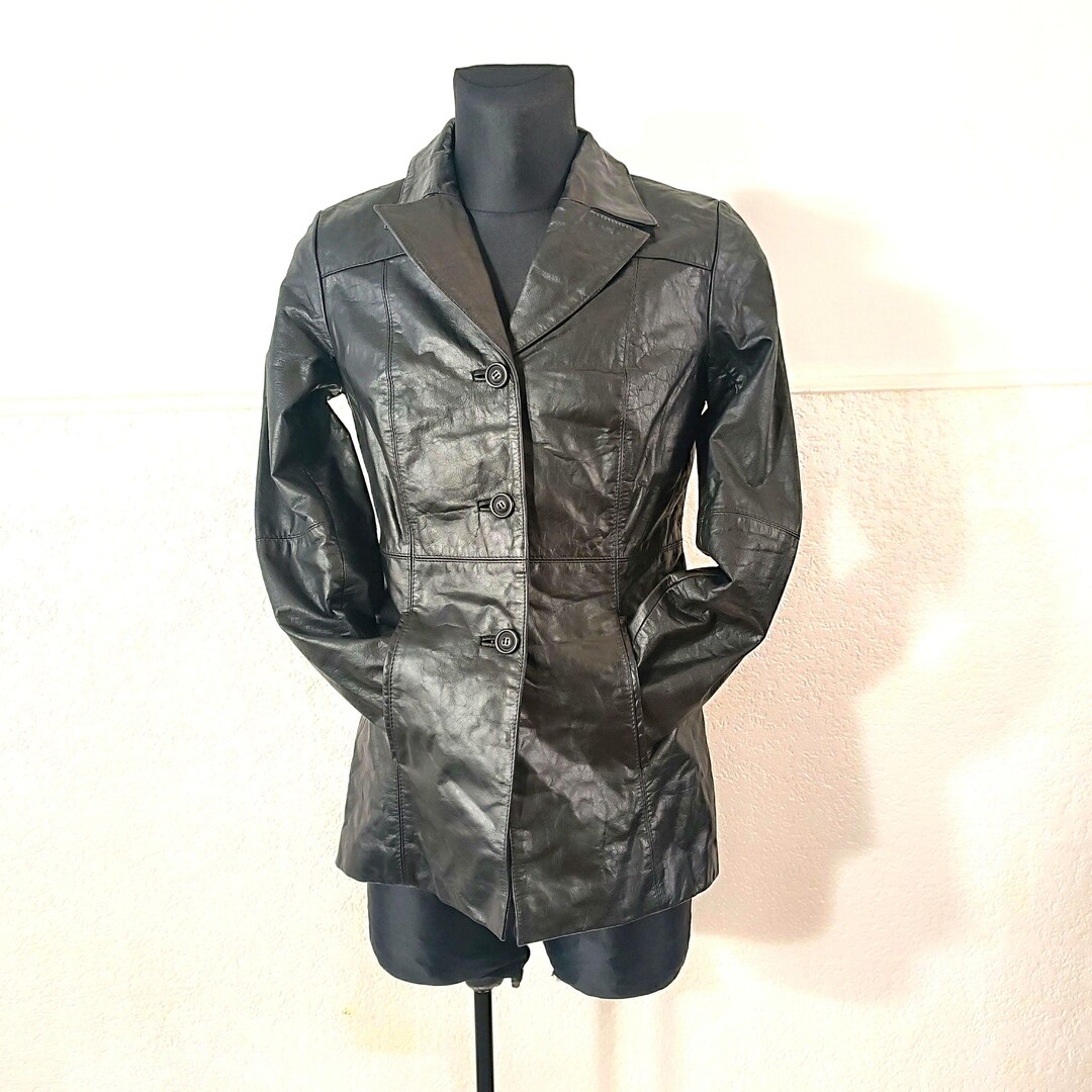 Women's Buffalo Leather Blazer - Redskins Black Minimal Buttoned Jacket ...