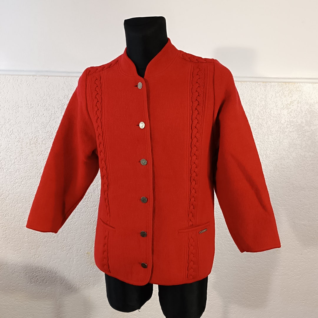 Red Boiled Wool Jacket, Cable Wool Cardigan Vintage Boiled Wool ...