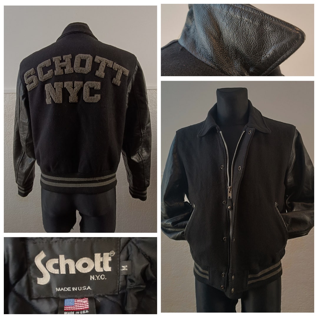 Vintage Schott Black Leather Varsity Baseball Jacket With Wool, USA ...