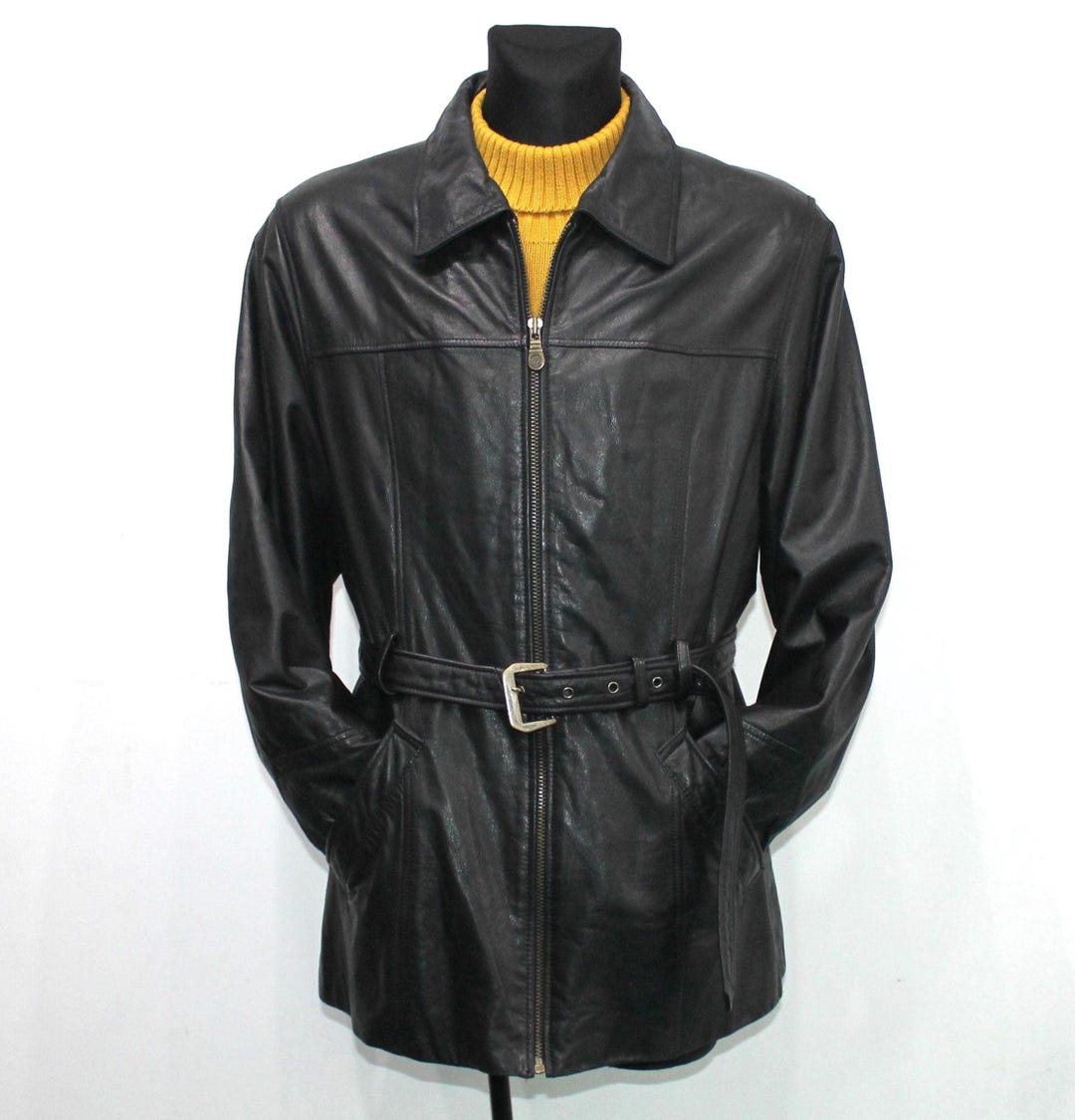 Leather Trench Coat Black Swedish Saki UK Large, Vintage Style - Etsy