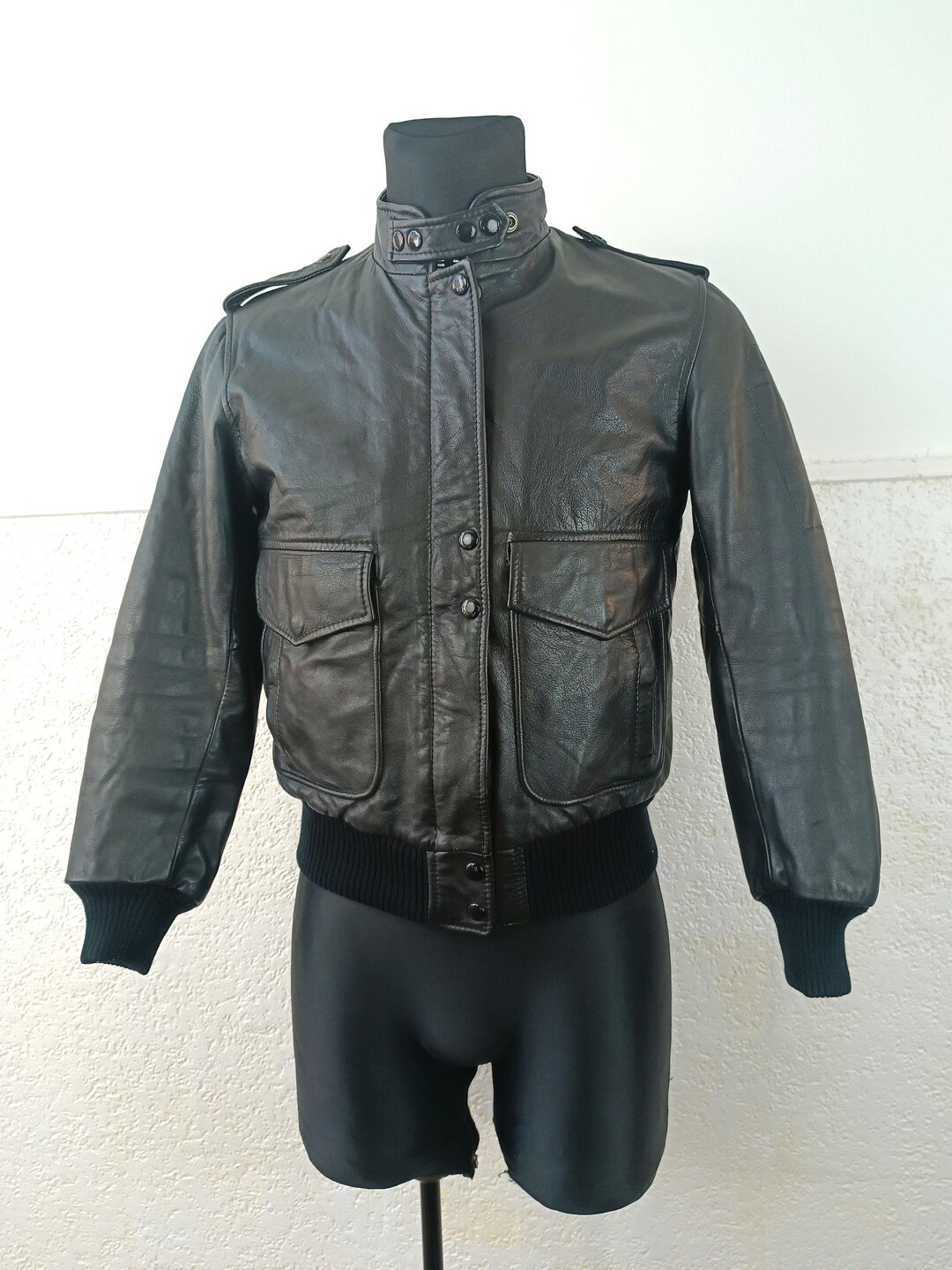 Vintage Black Leather Police Motorcycle Jacket - Small Size Biker ...