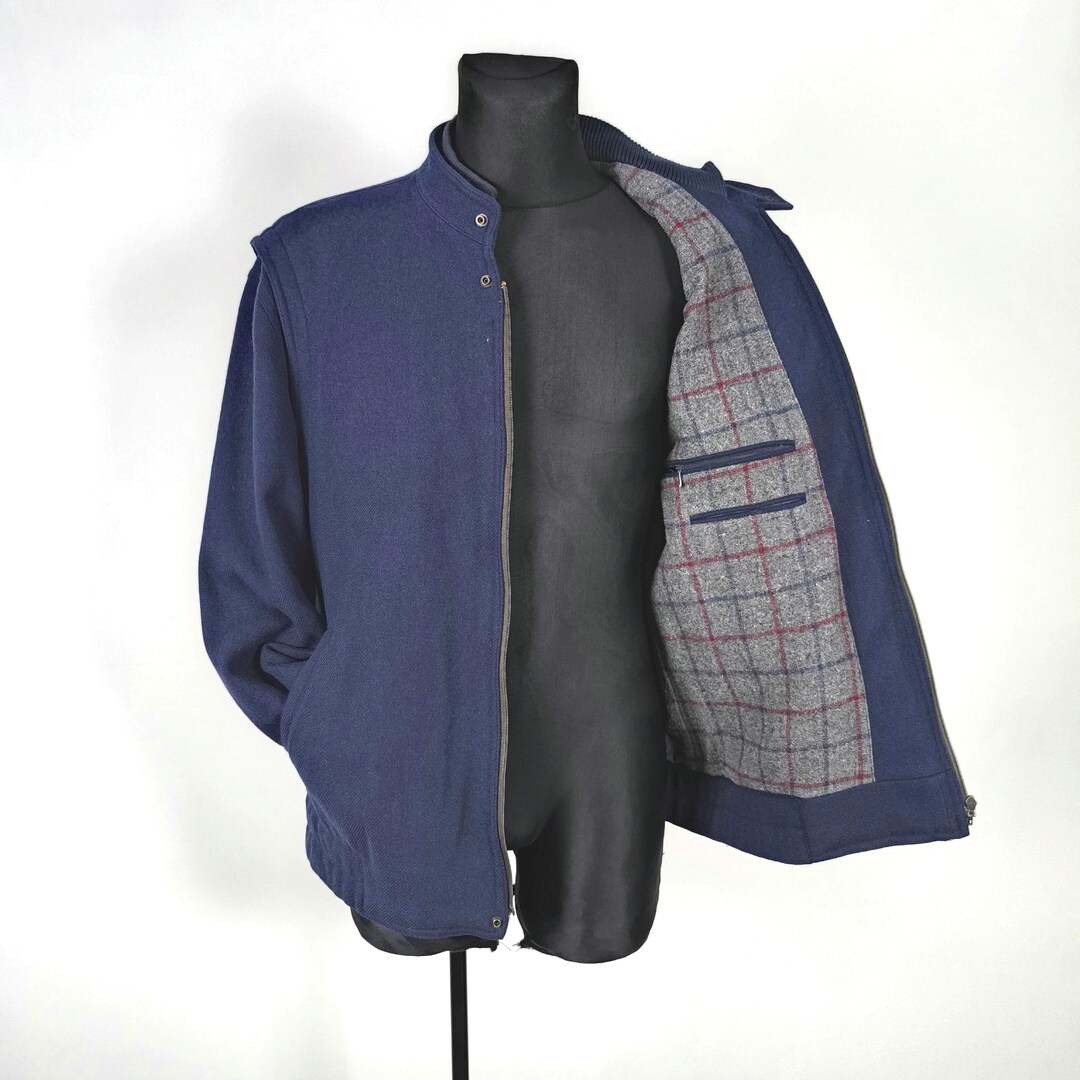 1970s Vintage Men's Navy Blue Wool Jacket With Plaid Liner - Medium - Etsy
