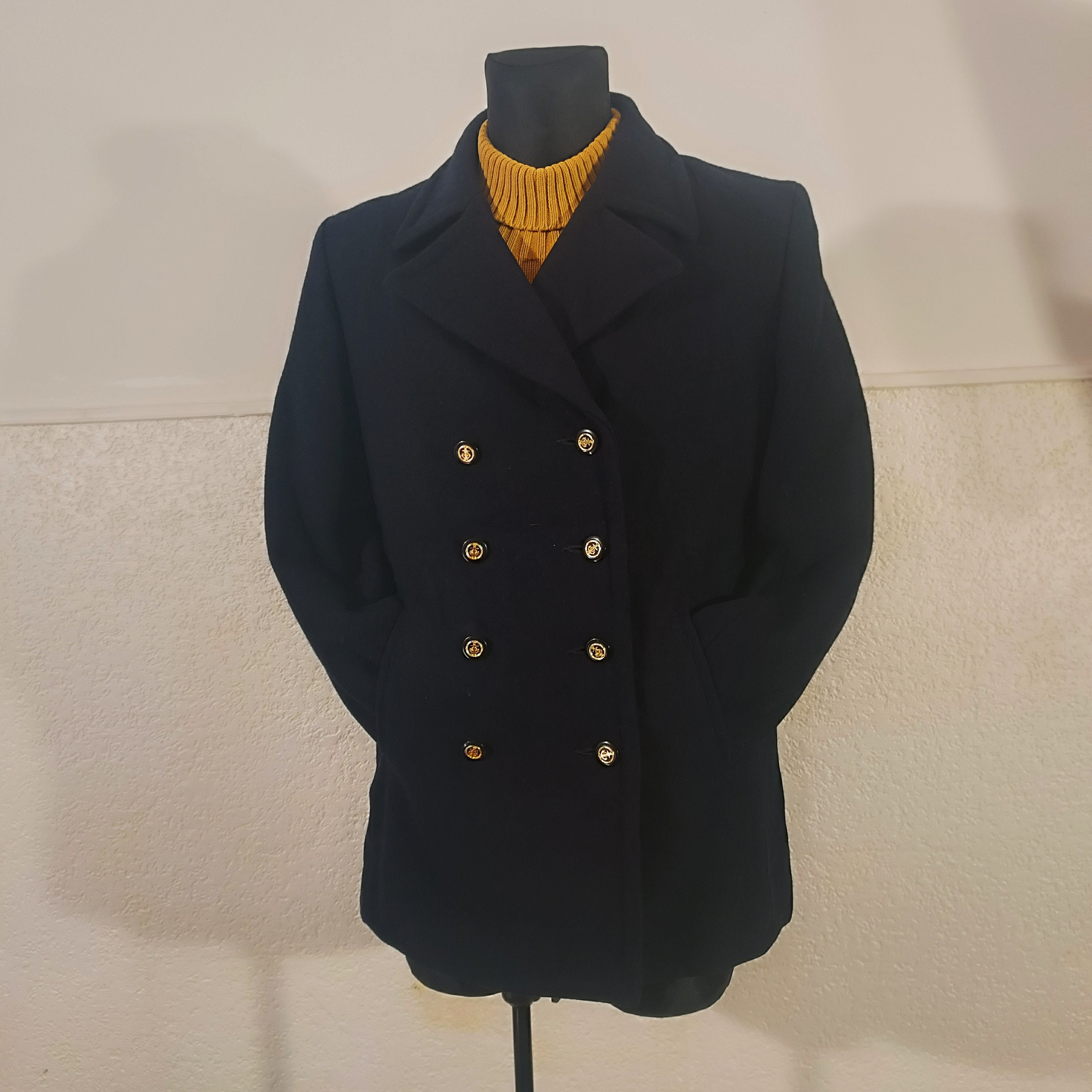 Navy Wool Coat, Double Breasted Coat, Navy Peacoat Women, Vintage ...
