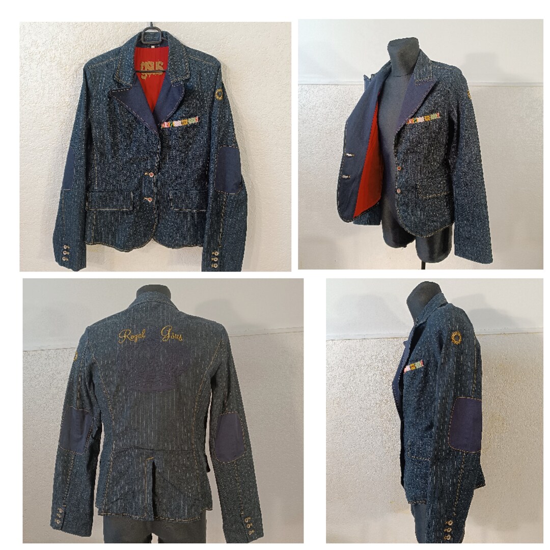 Striped Jean Jacket, Embroidered Denim Jacket Elbow Patches Jacket ...