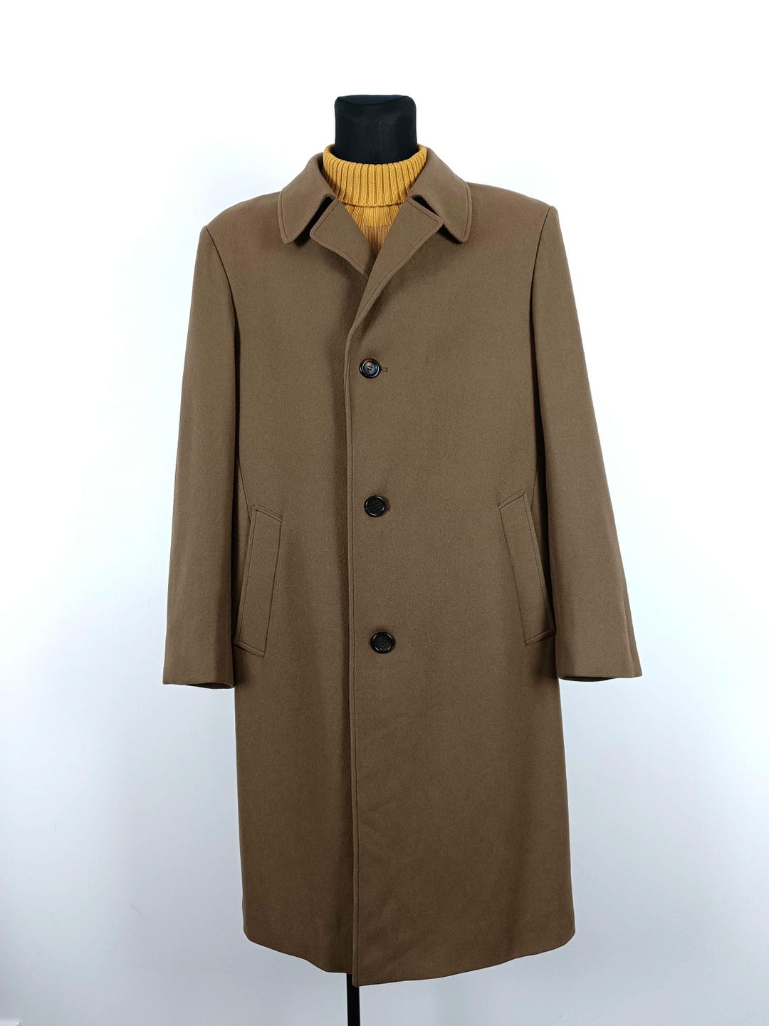 Vintage Italian Men's Long Wool Winter Overcoat - Brown Camel Pure ...