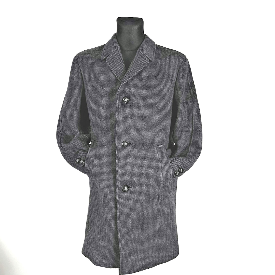 Vintage Black & Gray Checkered Wool Overcoat for Men - Classic Medium ...