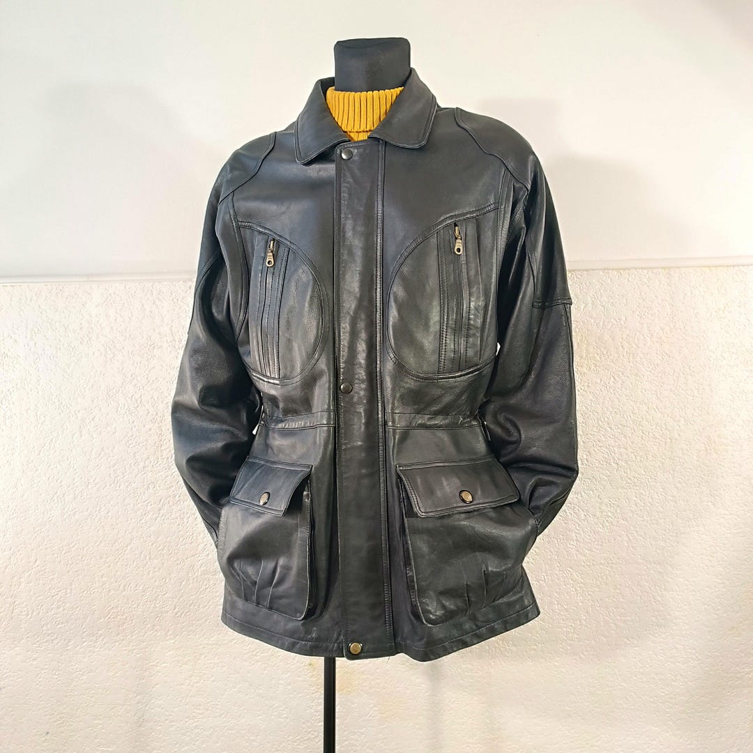 Safari Leather Jacket, Black Motorcycle Jacket, Vintage Black Leather ...