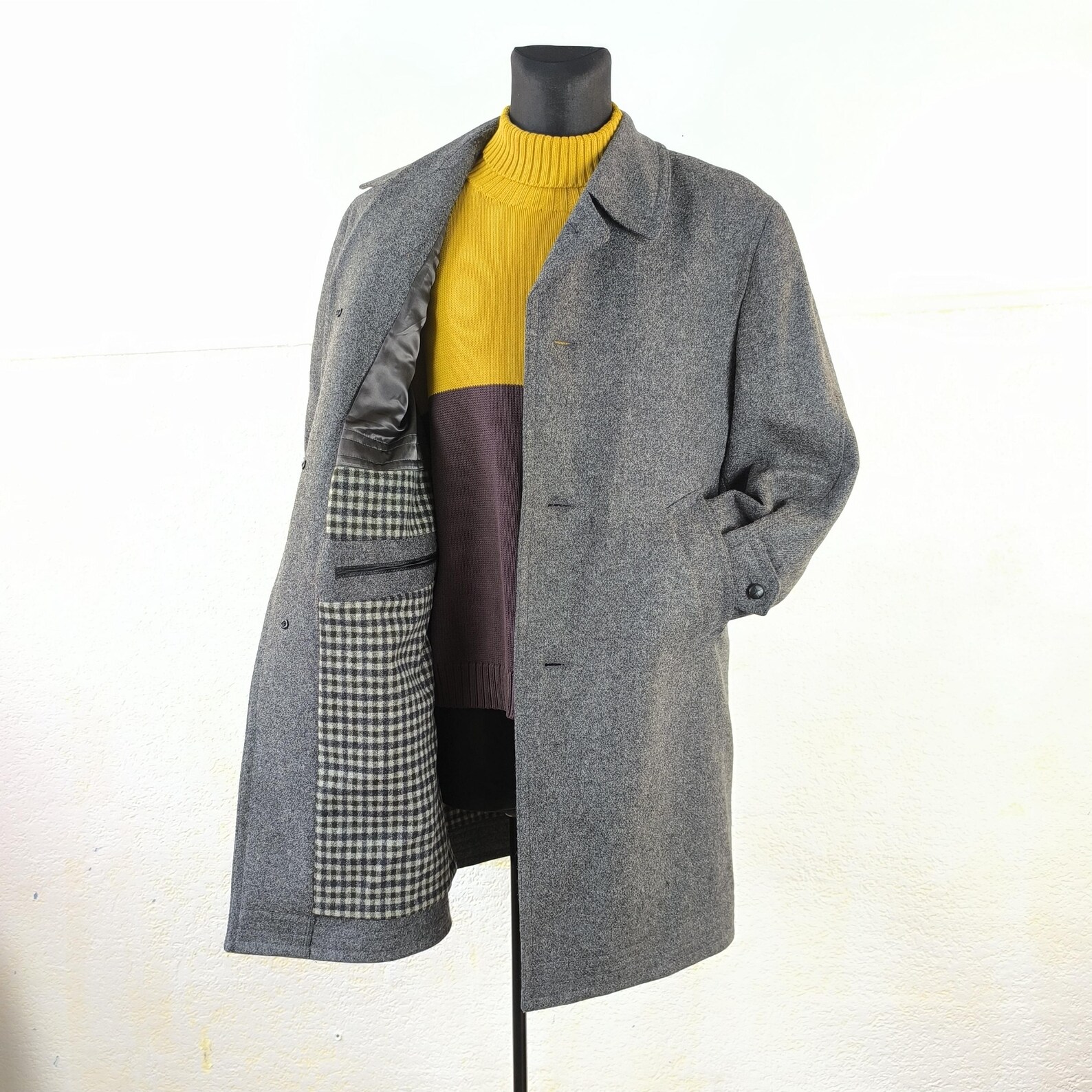 Pure Wool Coat, Vintage Gray Wool Coat, Check Coat, Wool Overcoat, Gift ...