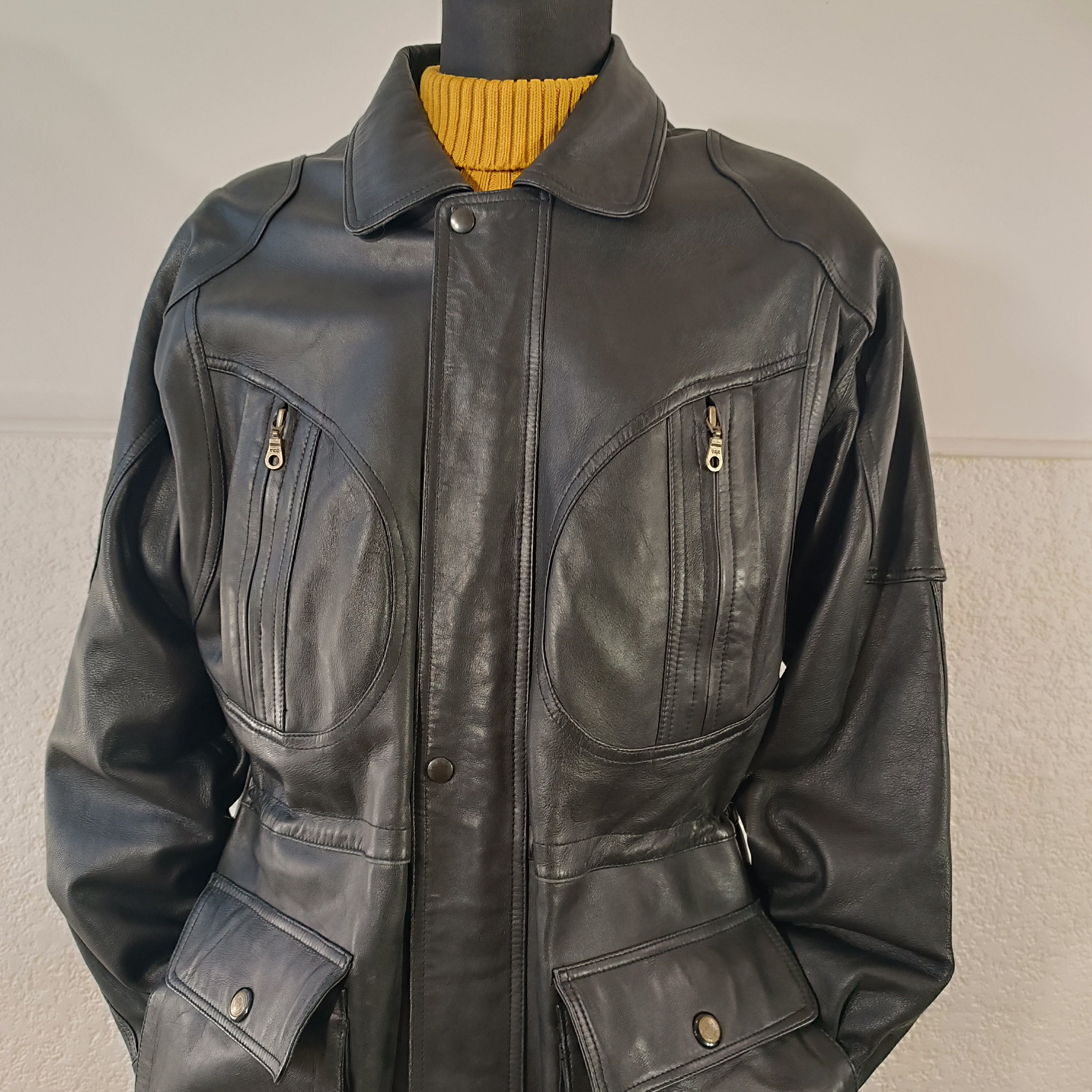 Safari Leather Jacket, Black Motorcycle Jacket, Vintage Black Leather ...