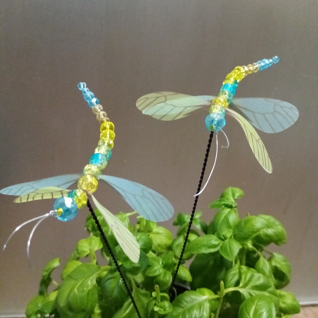 Set of 2 Large Turquoise Yellow Demoiselle Crystal Glass Garden Plug ...