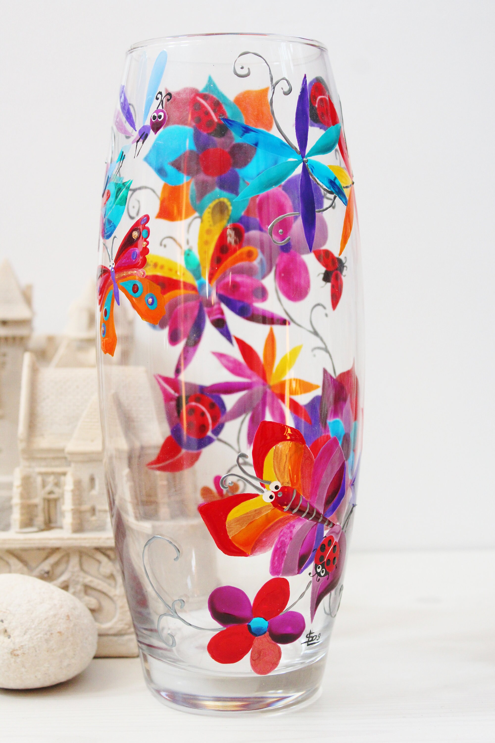 Vase Hand Painted, Nature Theme, Ladybug, Butterfly, Flowers, Unique ...