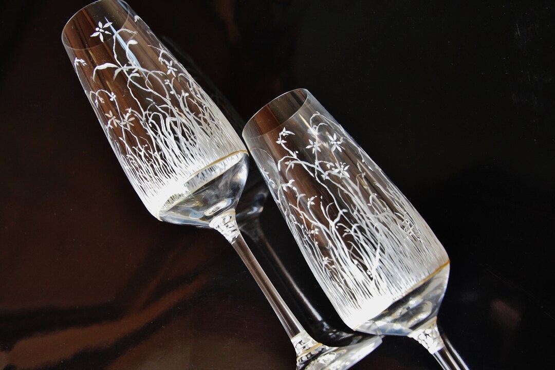 Set of Two Large Crystal Champagne Flutes Hand-painted in Pearl White ...