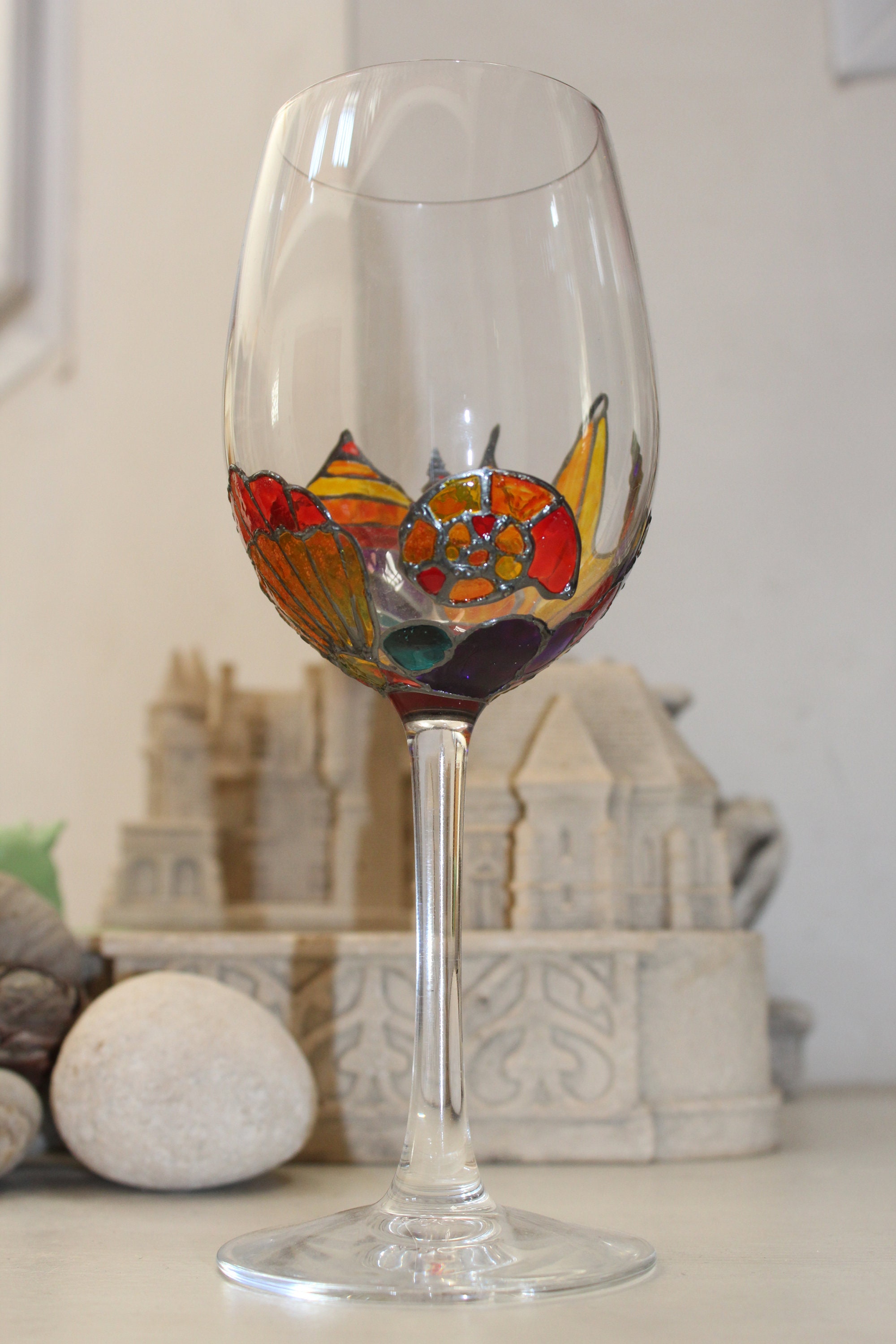 Pretty Crystal Wine Glass on the Theme of Seashells, Hand Painted ...