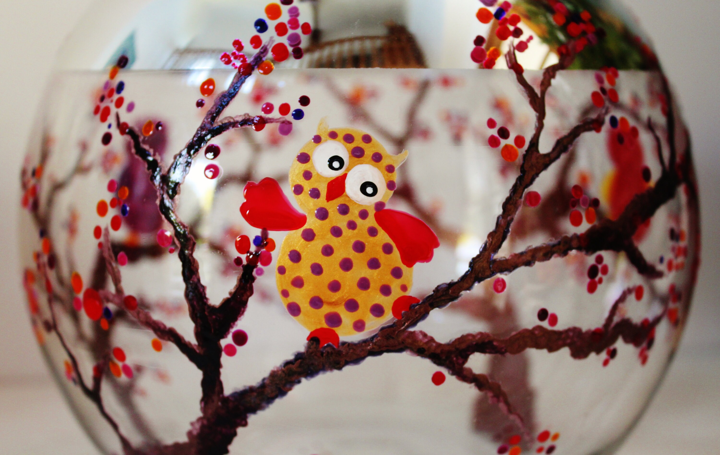 Large Hand-painted Ball Vase, Very Colorful and Decorated With Perched ...