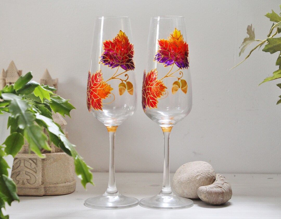 Duet of Champagne Flutes, Crystal, Hand-painted on the Theme of Autumn ...