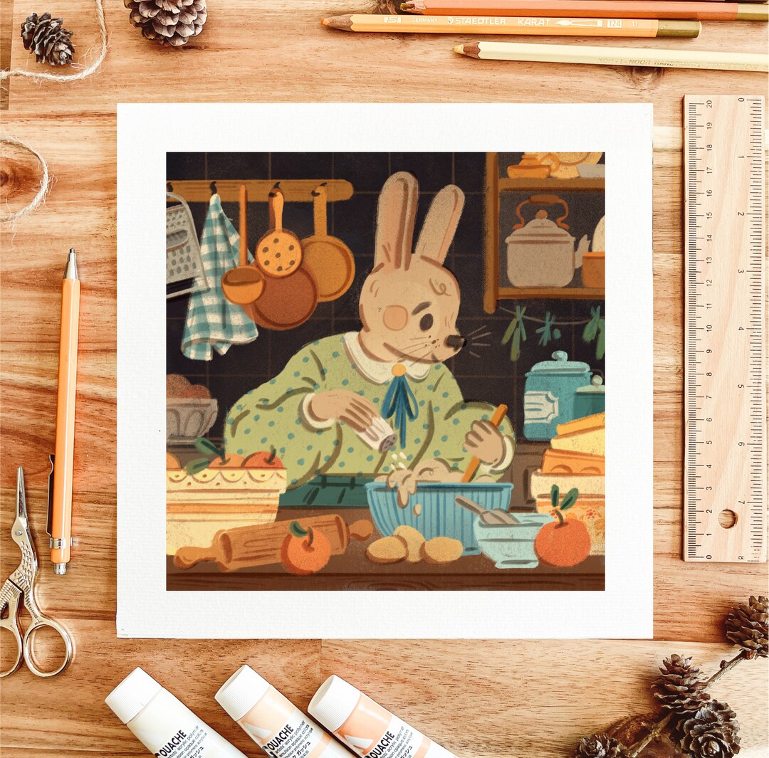 Bunny Cooking 21x21 Cm Giclee Art Print Slow Hygge Life Cozy Hand Drawn ...