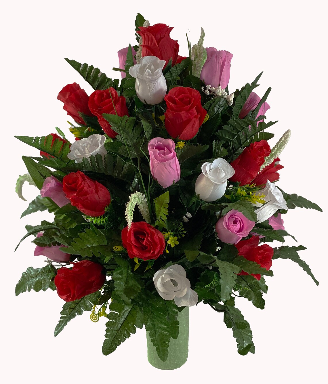 Memorial Rose Flower Arrangement – Cemetery Vase, Red Pink White Roses ...