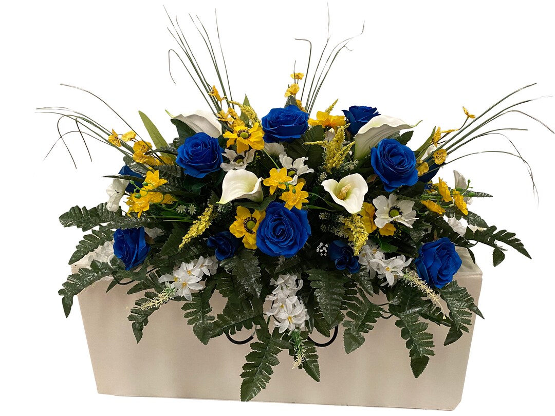 Blue Yellow Lilies, Roses Cemetery Saddle - Spring Cemetery Flowers ...