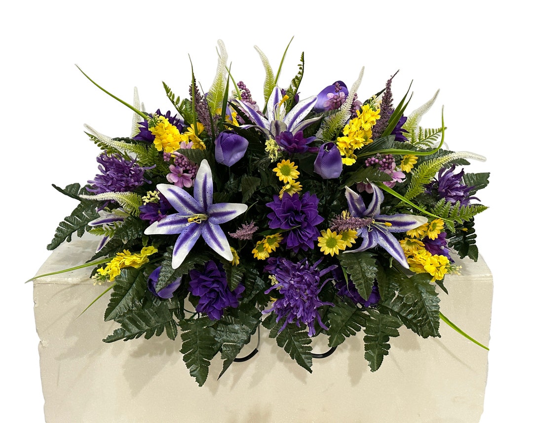 Purple, Yellow Cemetery Saddle - Spring Cemetery Flowers - Cemetery ...