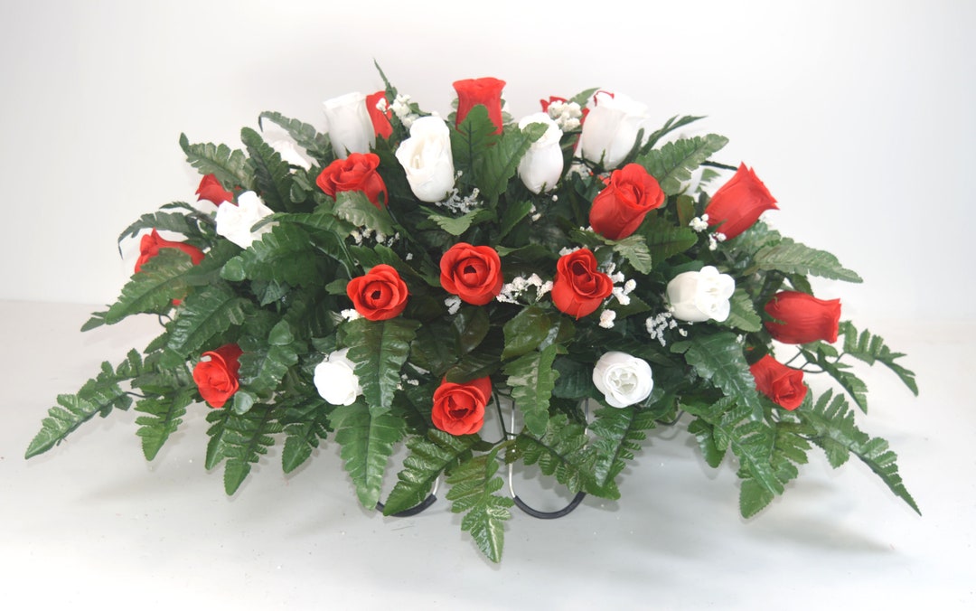 Red and White Rose Buds Cemetery Saddle - Spring Cemetery Flowers ...