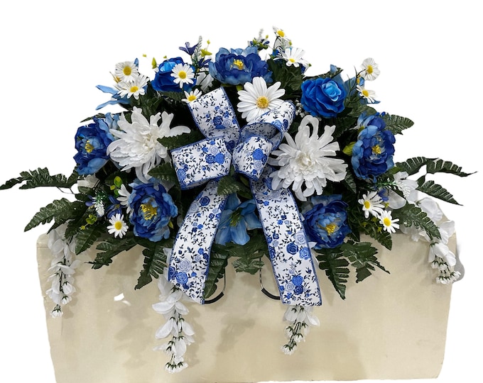 Blue, White Cemetery Saddle - Spring Cemetery Flowers - Cemetery ...